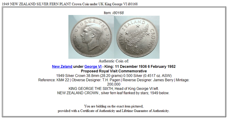 1949 NEW ZEALAND SILVER FERN PLANT Crown Coin under UK King George VI ...