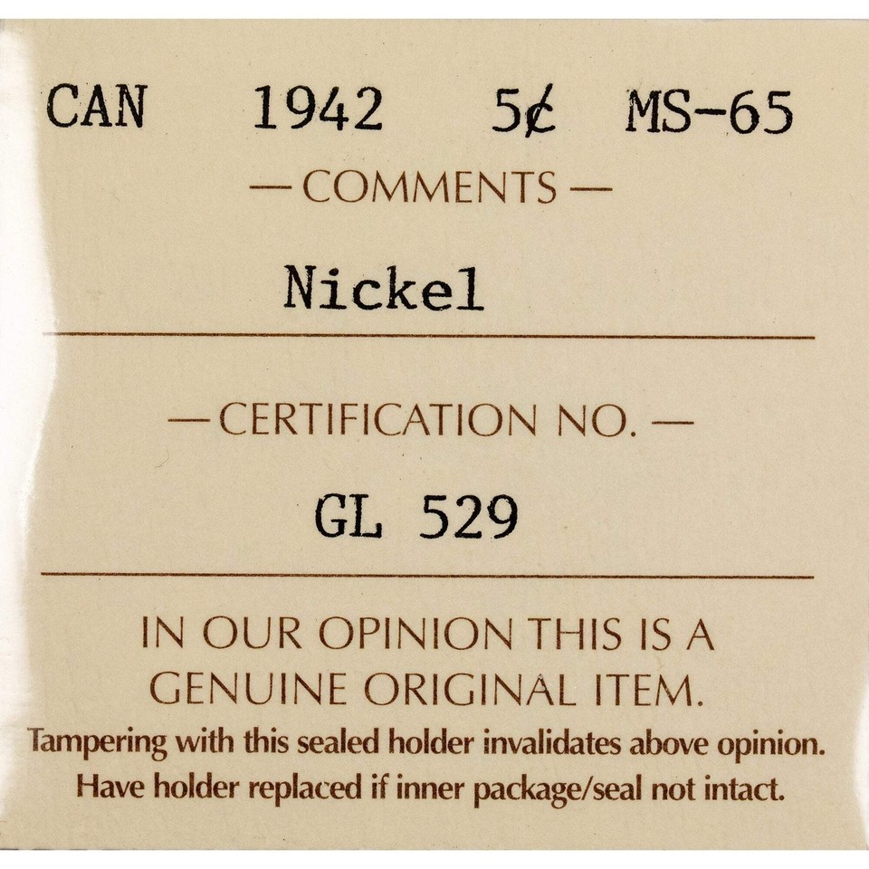 Canada 1942 5 Cents Nickel Coin - ICCS MS-65 | eBay