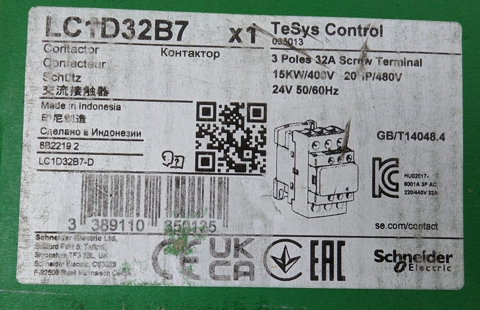 Schneider TELEMECANIQUE LC1D32B7 Contactor 600vac 32amp- for sale ...