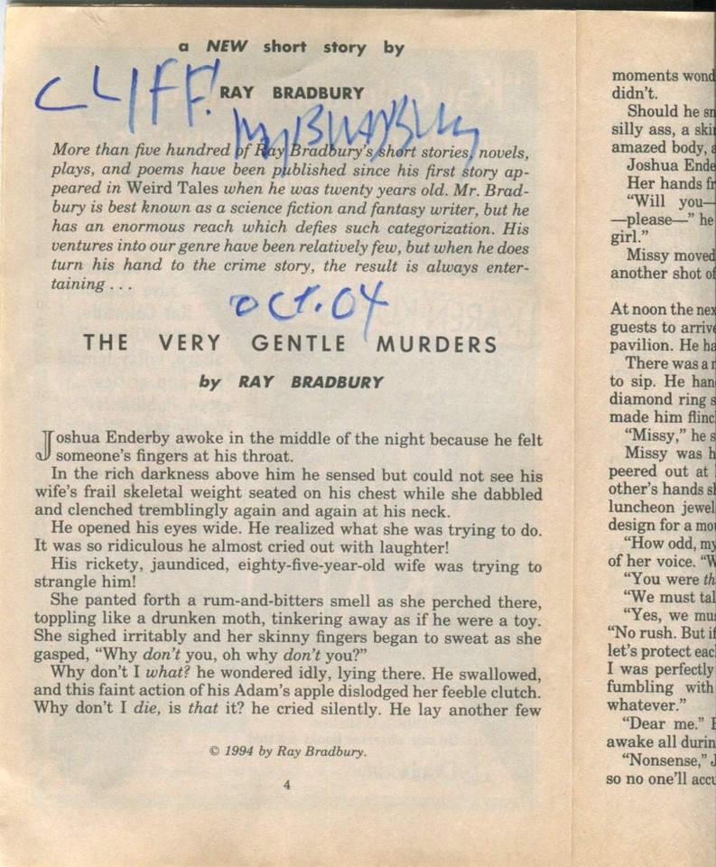 Ray Bradbury The Very Gentle Murders Signed Autograph Ellery Queen ...