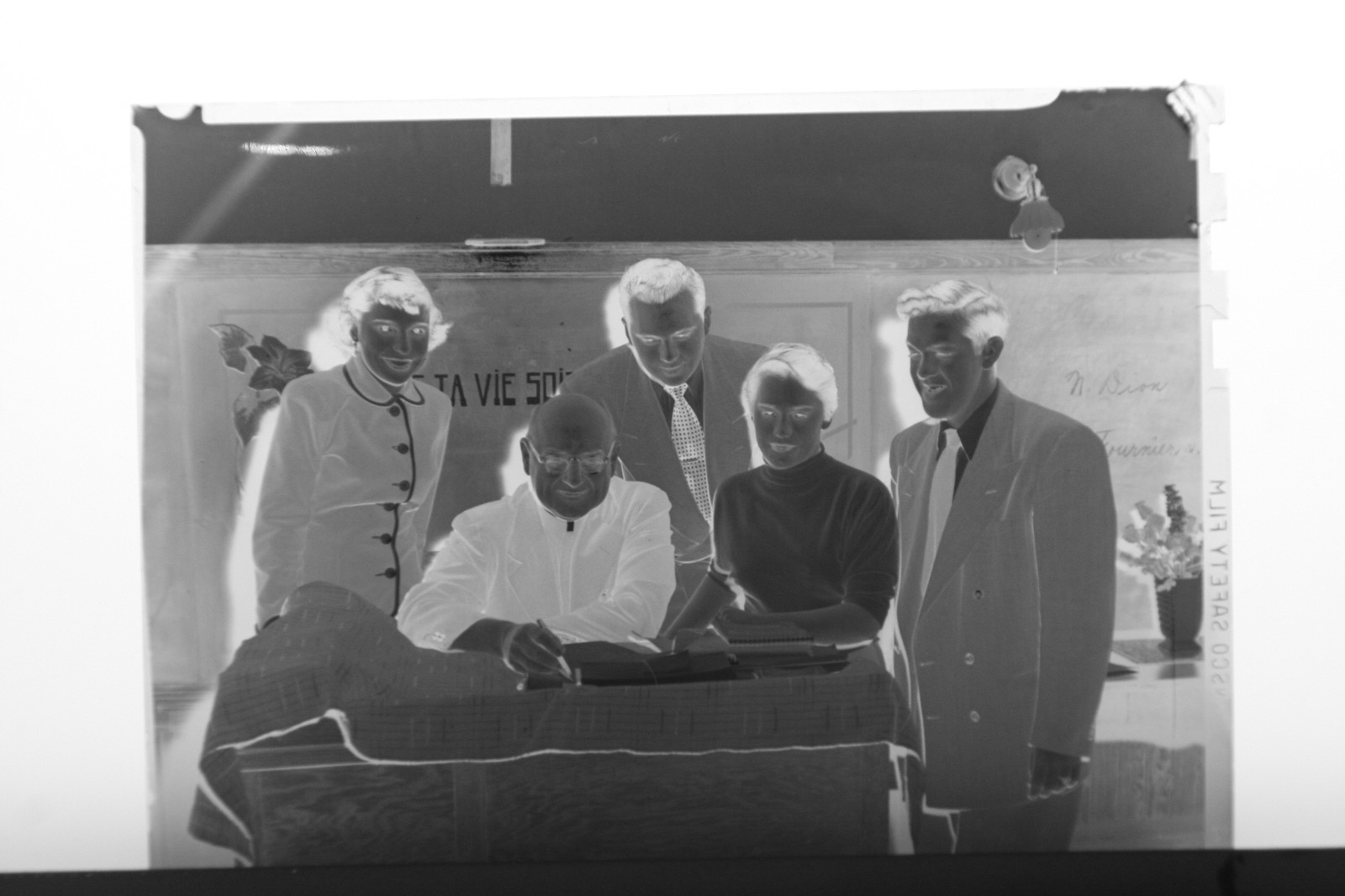 (1) B&W Press Photo Negative Religious Event Priest Signing Documents ...