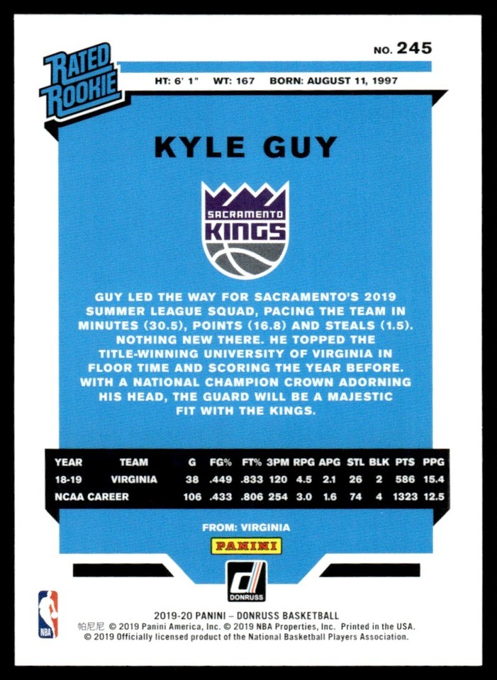 2019-20 Donruss Kyle Guy Rookie Sacramento Kings #245 | eBay