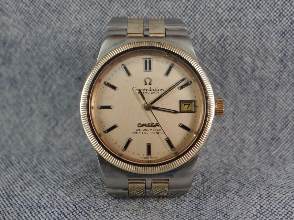 1980s OMEGA CONSTELLATION STAINLESS & 14KT GOLD AUTOMATIC DATE GENTS ...
