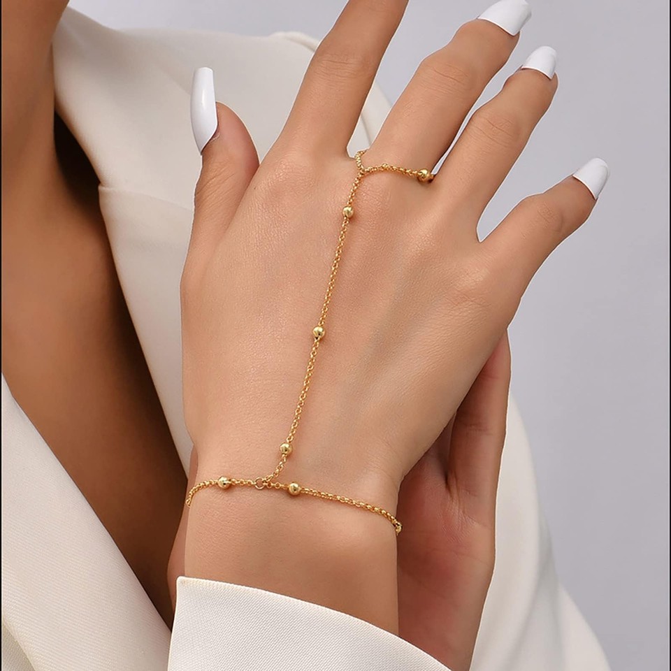 Slave Finger Ring Bracelet Boho Finger Ring Bracelet Gold Beaded Chain ...