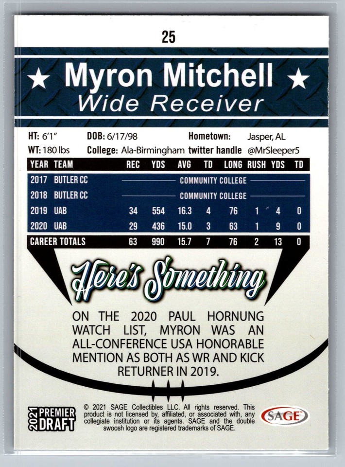 2021 SAGE Premier Draft Football #25 Myron Mitchell RC UAB Blazers | eBay
