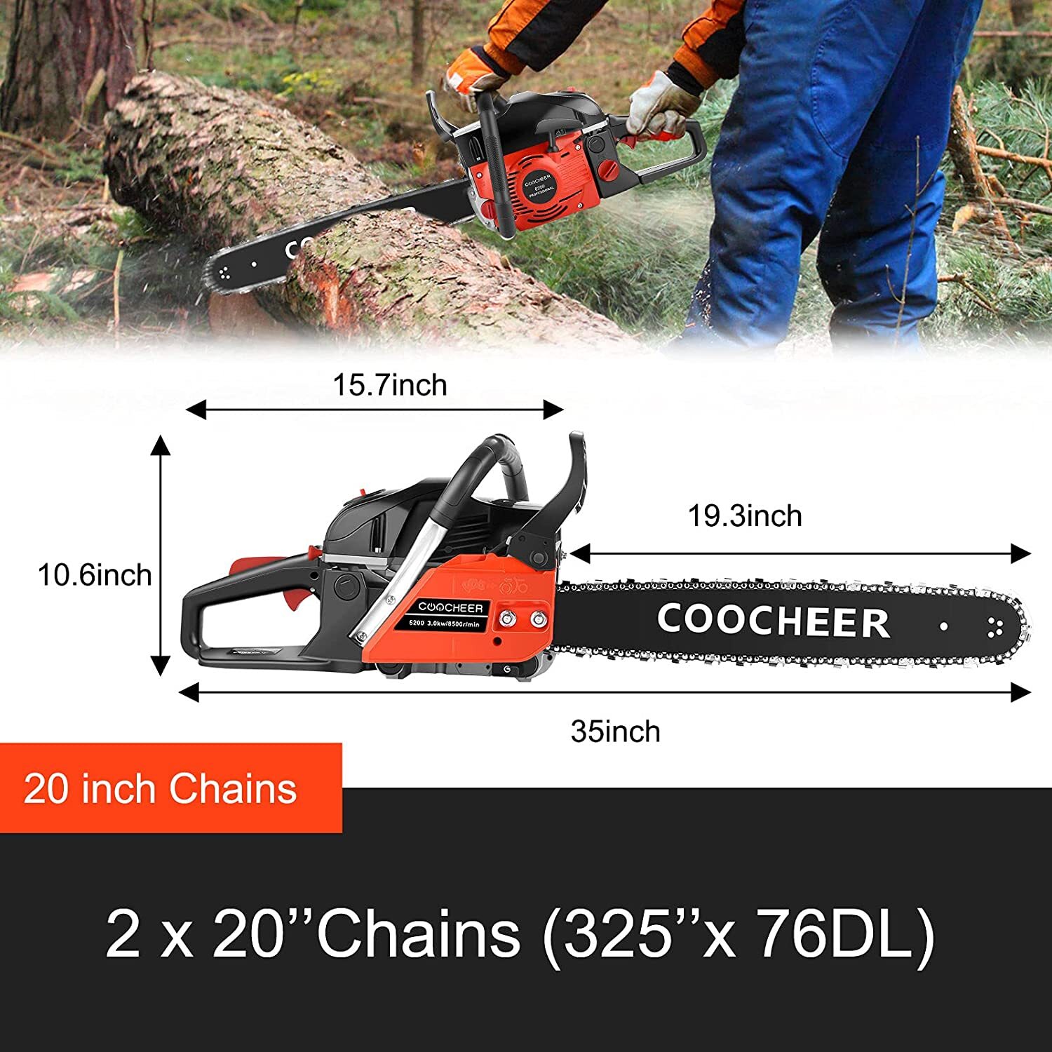 62cc 2-Cycle Gas Chainsaw Gasoline Powered Chain Saw 20" Bar Engine ...