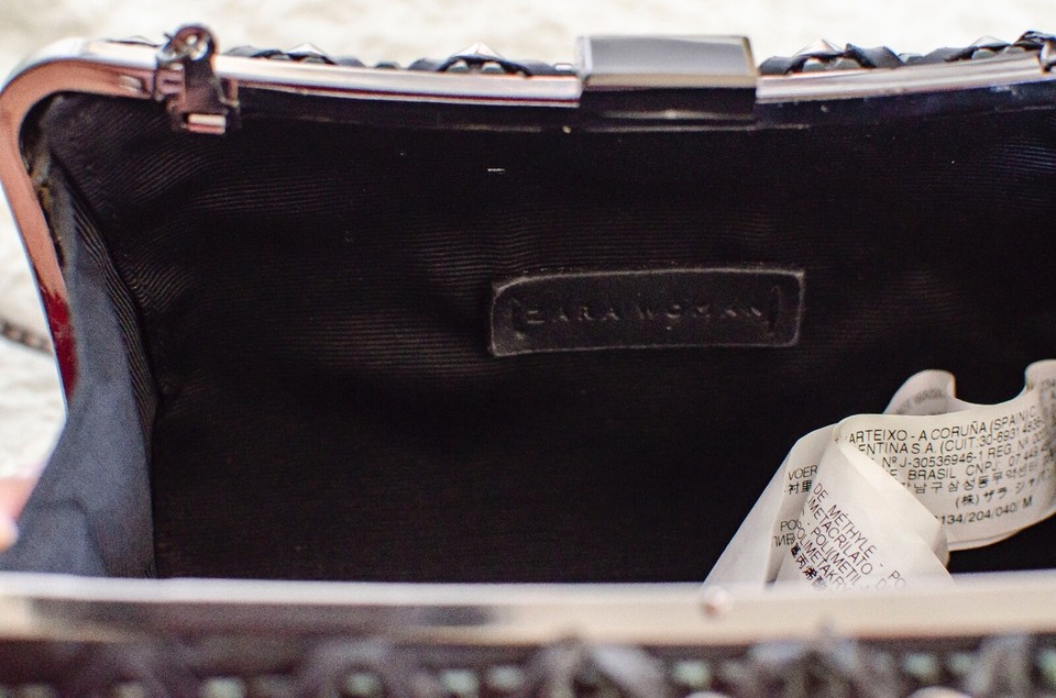 Zara Woman Black Hard Shell Clutch Jeweled Studded Chain Strap | eBay