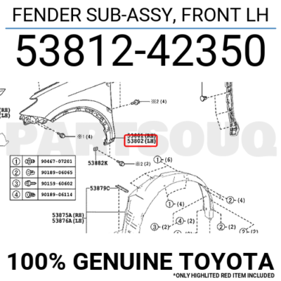 5381242350 Genuine Toyota FENDER SUB-ASSY, FRONT LH 53812-42350 | eBay