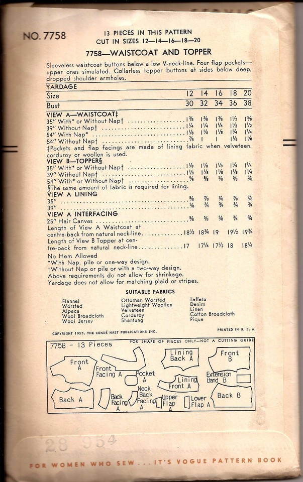 Rare 1950's Waistcoat and Topper Vintage Pattern ~ Vogue 7758 ~ Size 16 ...