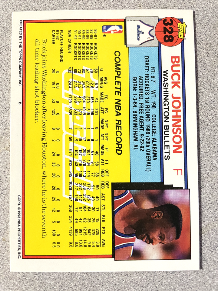 1992-93 Topps Basketball Gold Buck Johnson Card #328 Washington Bullets ...