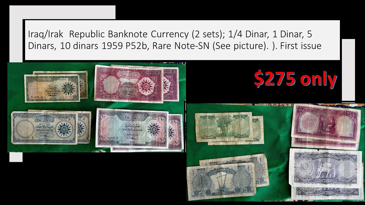 Iraq/Irak Banknote Currency, 2 sets 1/4 Dinar, 1 Dinar, 5 Dinars, 10 ...