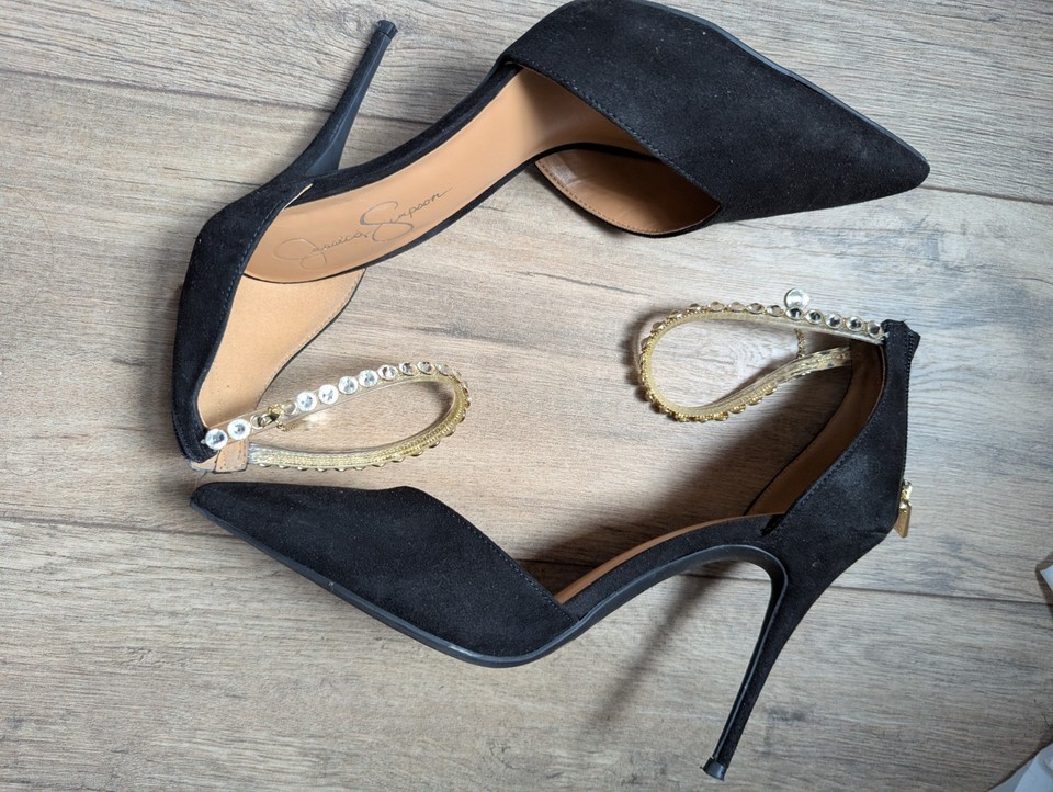 Jessica Simpson Black Beaded Zipper Pointed Toe Suede Stiletto Pumps ...