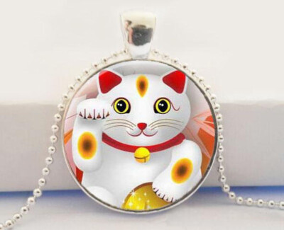 Maneki Neko Lucky Cat Pendant Glass Dome Jewelry Chain Necklace 1" Dia ...