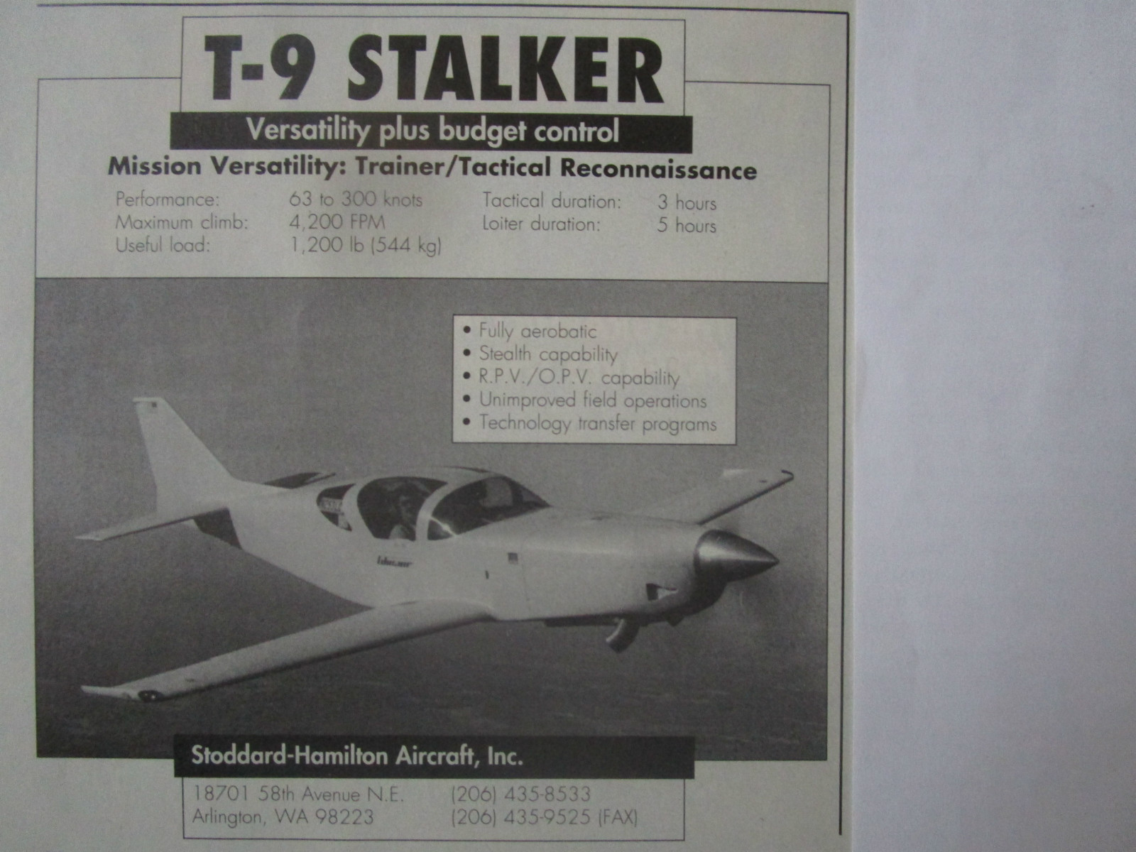 2/1989 PUB STODDARD HAMILTON AIRCRAFT T-9 STALKER TRAINER ...