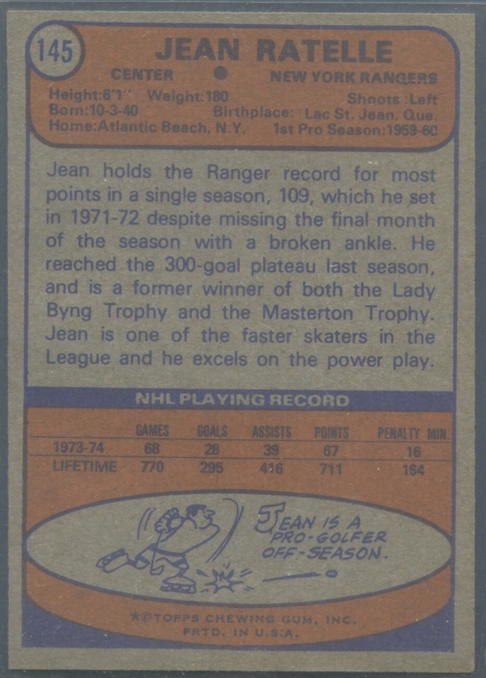 1974-75 Topps #145 Jean Ratelle New York Rangers Hall-of-Fame | eBay