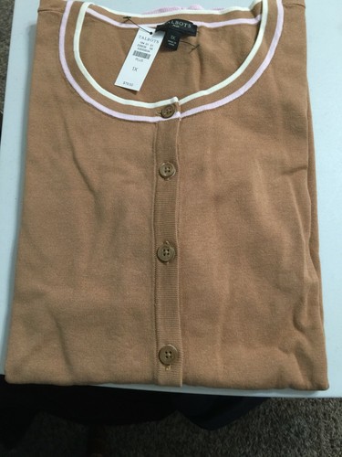 NWT TALBOTS Cotton Blend Tipped Cardigan-Plus 1X-Cafe au Lait T Multi ...