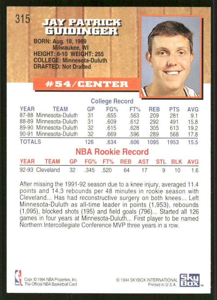 1993-94 Hoops #315 Jay Guidinger | eBay