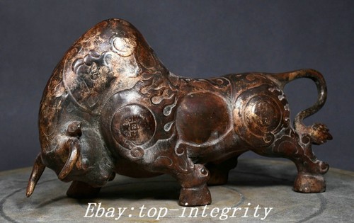 9.4" Old China Dynasty Pure Bronze Gilt Fengshui Ox Cattle Beast Animal ...