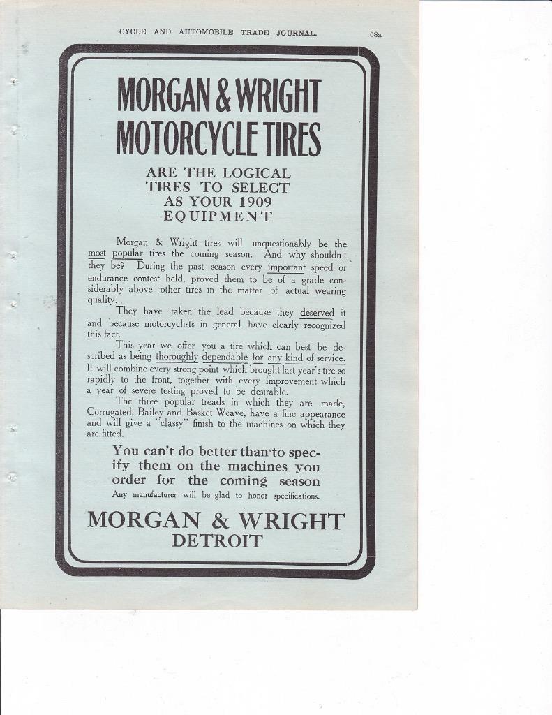 Original 1909 Morgan & Wright Motorcycle Tires / 4 Page Folder Brochure ...