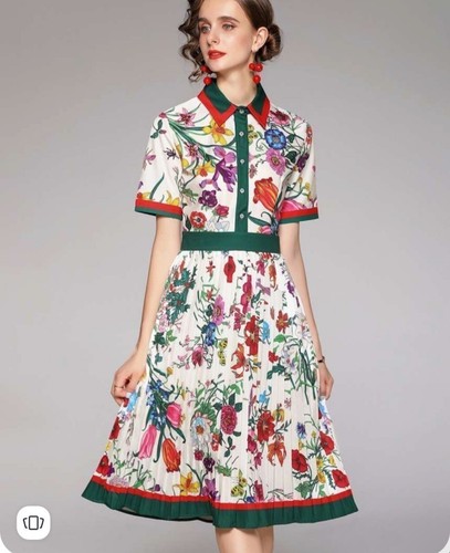 NWT Dalia MacPhee A Line Floral Pleated Midi Dress Large Short Sleeve Retro | eBay