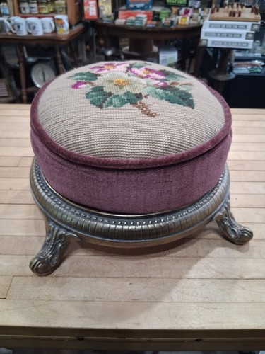 Antique Brass Footstool with Needlepoint Floral Upholstery | eBay