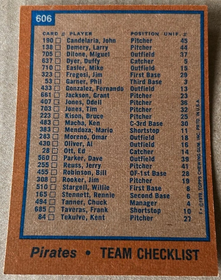 1978 TOPPS PIRATES TEAM CHECKLIST Card #606 NM-MT Condition | eBay