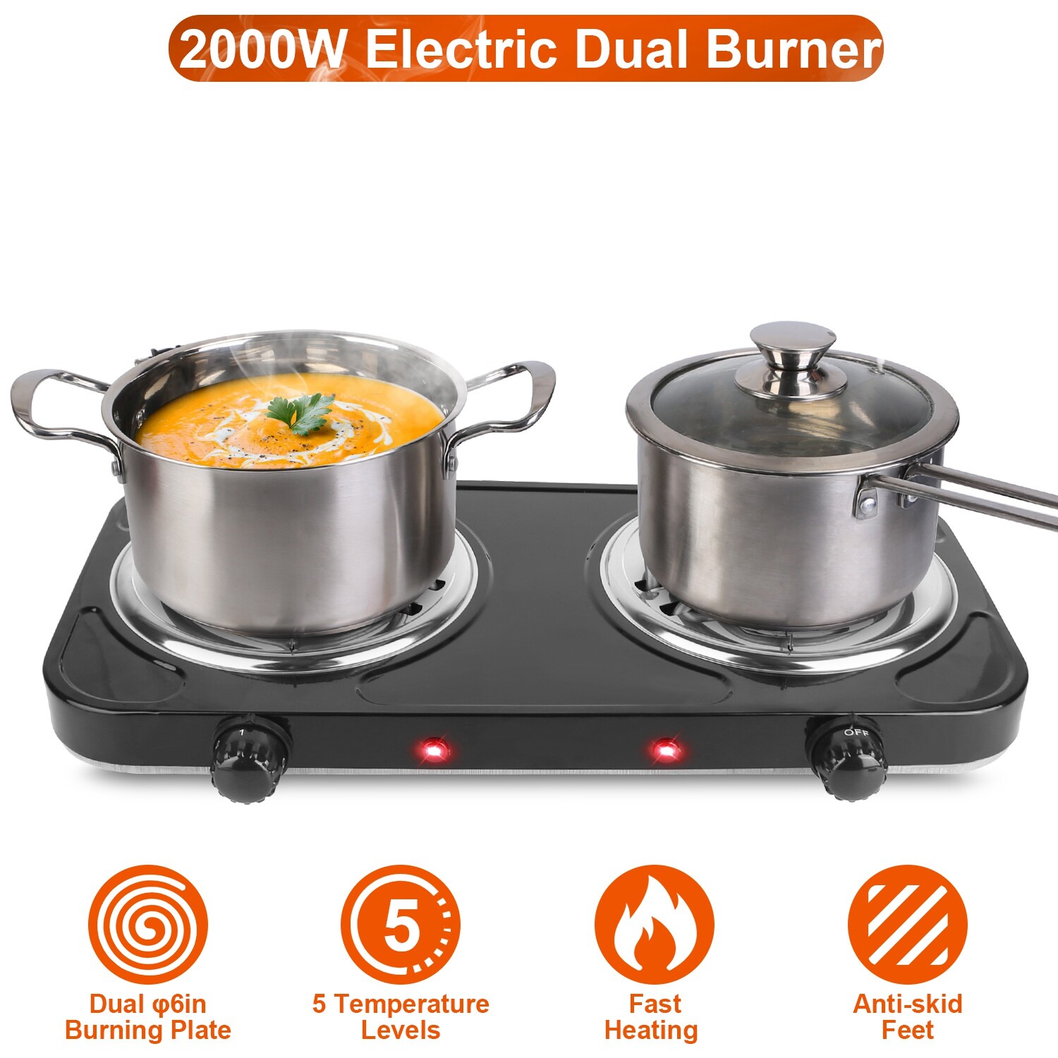 Electric Double Burner Hot Plates for Cooking 5 Heating Levels Heating ...