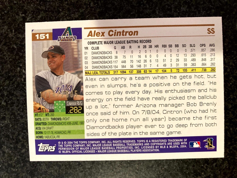 2005 Topps Gold Arizona Diamondbacks Baseball Card #151 Alex Cintron ...