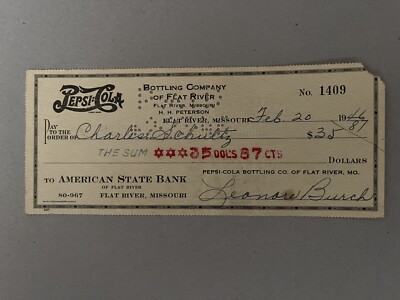pepsi cola 1946 bank check flat river missouri soda company | eBay