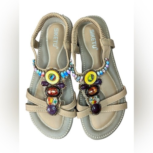 SIKETU SUMMER SLING BACK SANDALS BEACH BOHEMIAN BEADED STONE DETAILS ...