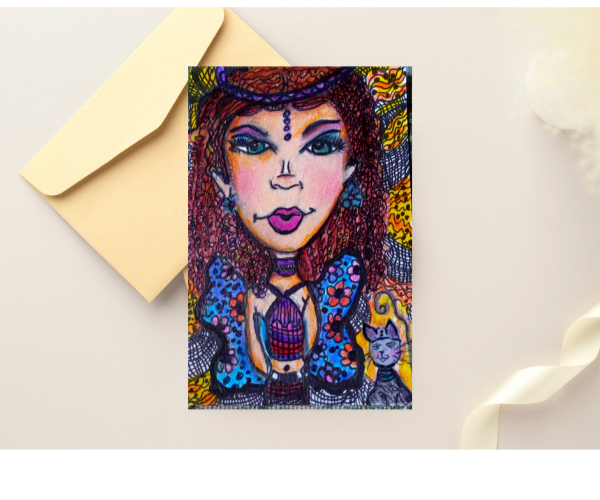 ACEO Art Sketch Card ATC Hippie Girl cat print of original drawing ...