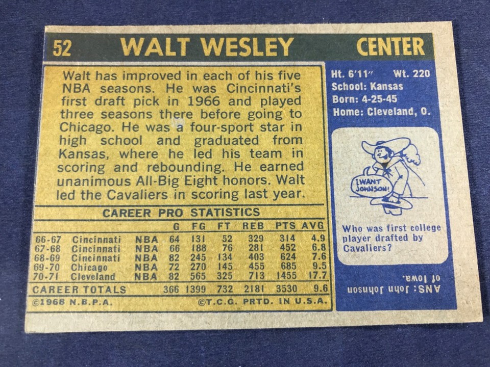 A4-3 BASKETBALL CARD - WALT WESLEY CLEVELAND CAVALIERS - 1971 TOPPS ...