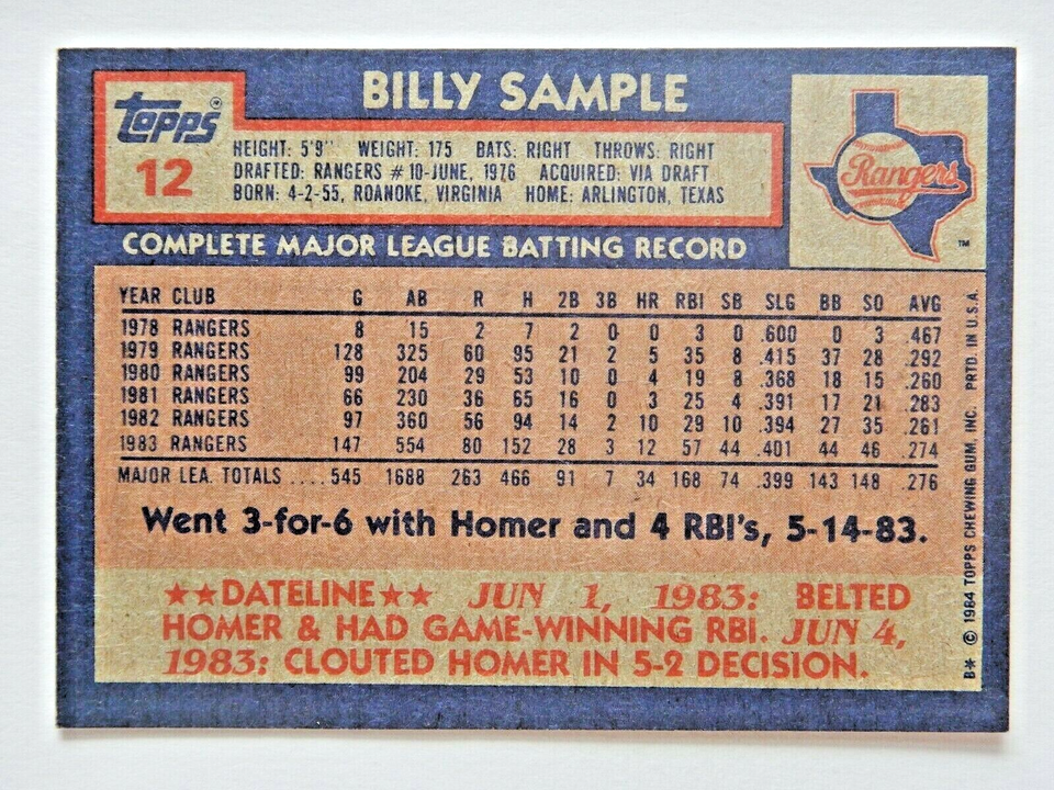 Billy Sample #12 Topps 1984 Baseball Card (Texas Rangers) *E | eBay