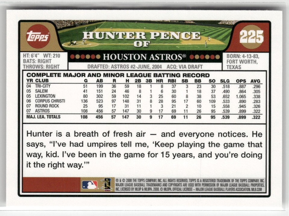 2008 Topps Hunter Pence #225 Houston Astros Rookie Cup | eBay
