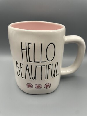 Rae Dunn HELLO BEAUTIFUL Mug With Pink Daisies And Interior Glossy ...