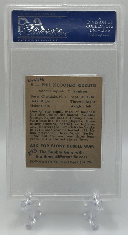Phil Scooter Rizzuto 1948 Bowman #8 Rookie RC PSA EX-MT 6 (MK)! New ...