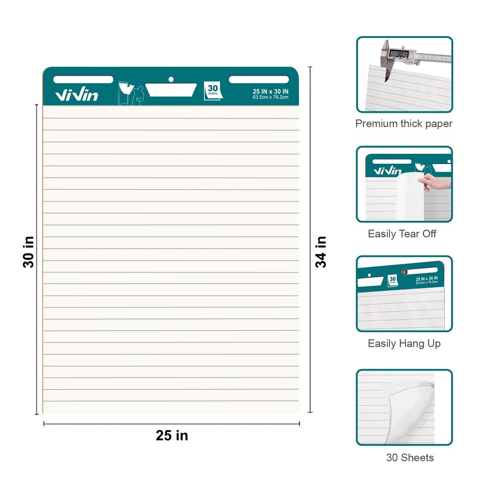 2 Pads 30 Sheets Lined Sticky Easel Pad 25x30 Inch Flip Chart Paper ...