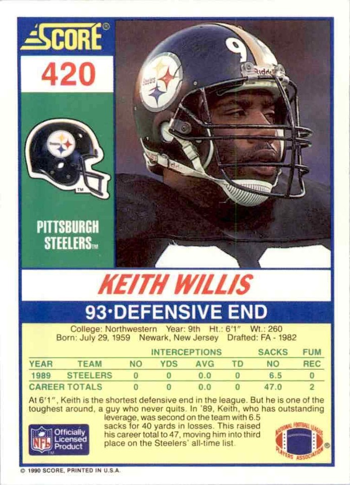 1990 Score Keith Willis Pittsburgh Steelers #420 | eBay