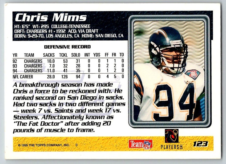 1995 TOPPS CHRIS MIMS SAN DIEGO CHARGERS #123 | eBay