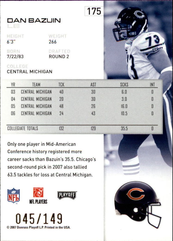 2007 Playoff NFL Playoffs Gold Metalized Football Card #175 Dan Bazuin ...