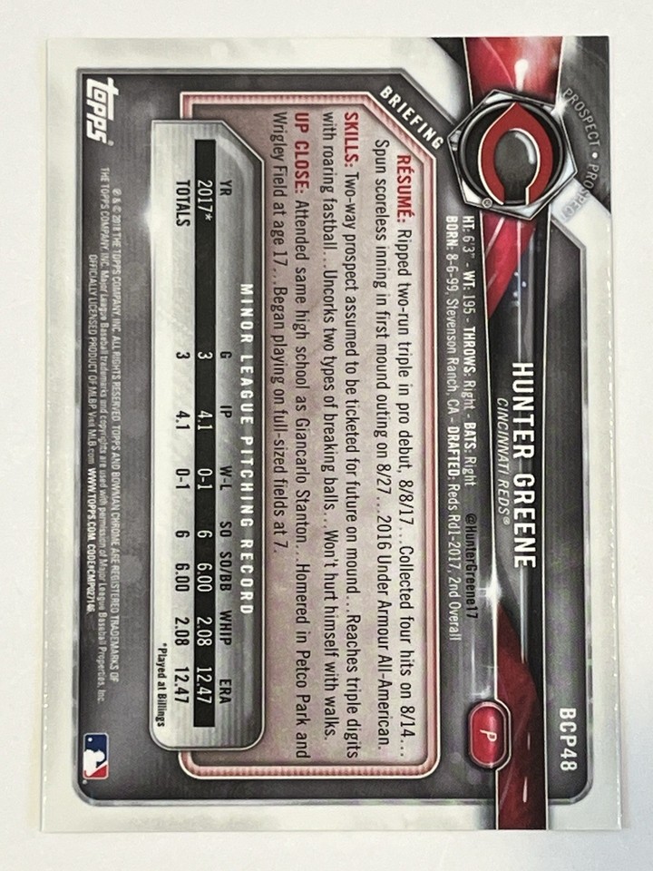 2018 Bowman #BCP48 Hunter Greene Chrome Prospects Rookie Cincinnati ...