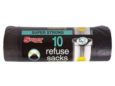 Tidyz Super Strong Drawstring Refuse Sacks Black Bin Liners 100L - 10 ...