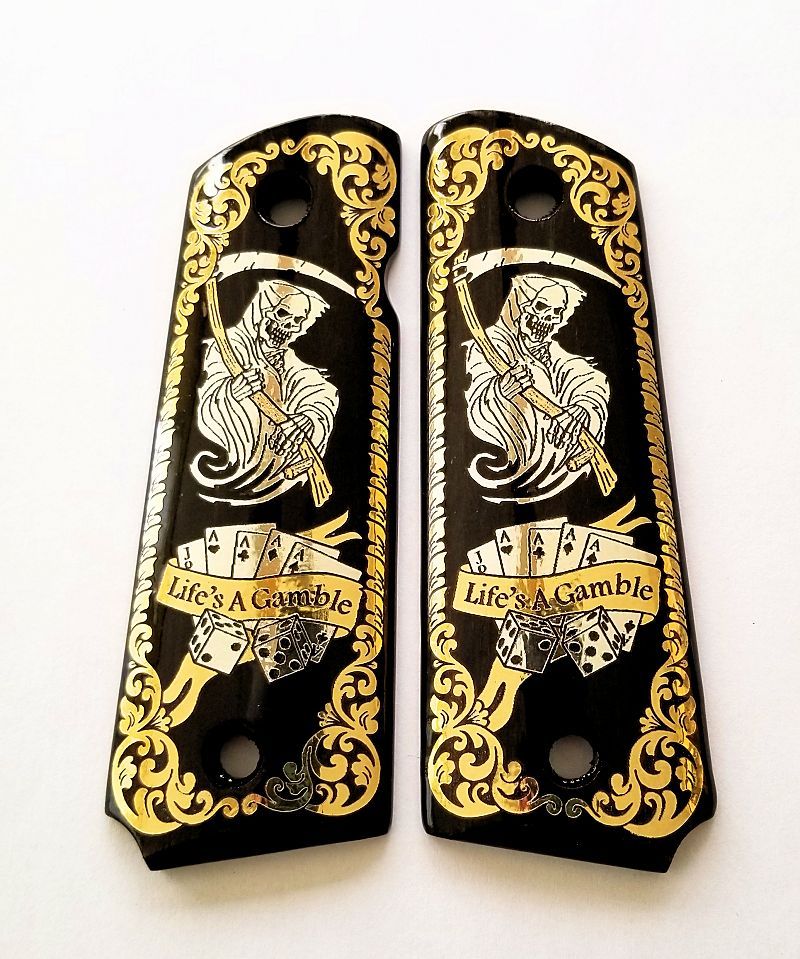 1911 full size custom engraved wood grips gold silver reaper skull ...
