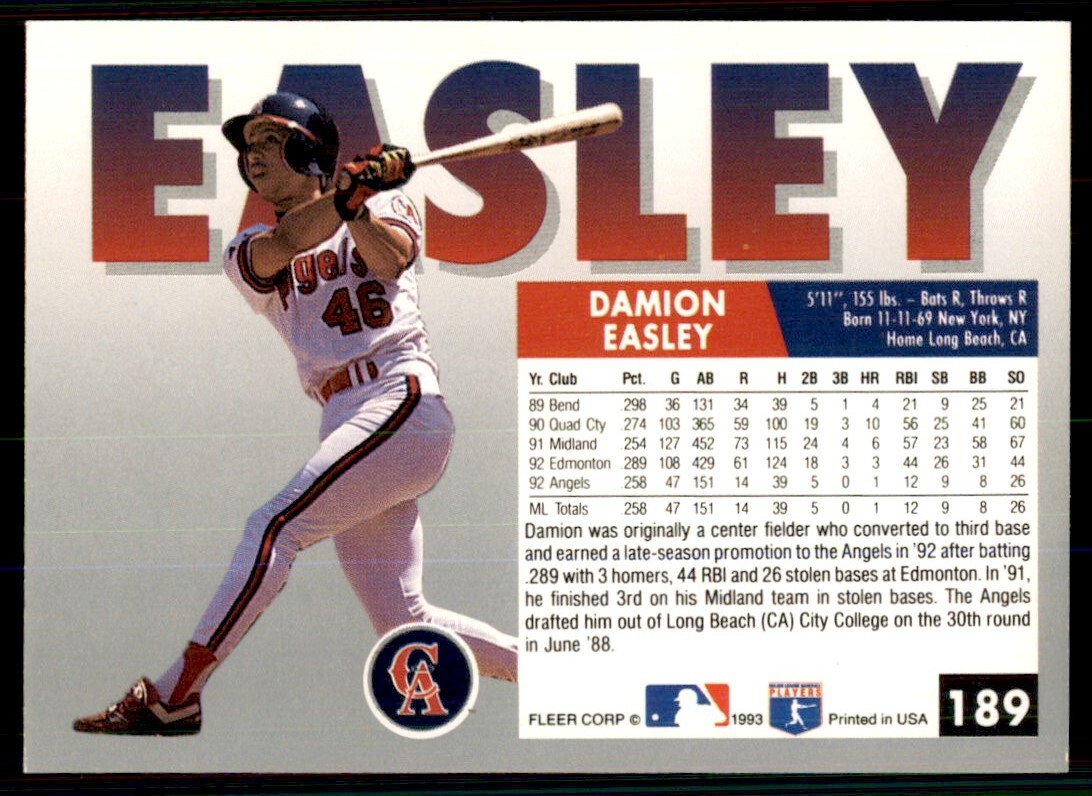 1993 Fleer Damion Easley California Angels #189 MLB Baseball Sports ...