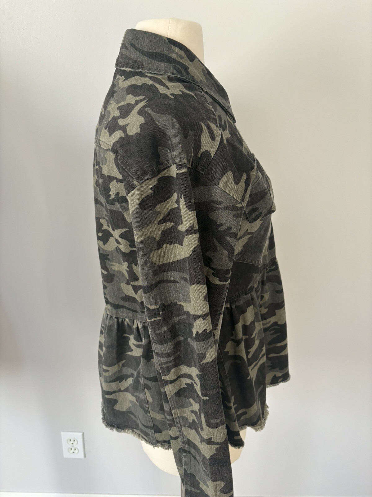 Mystree Size Small Green Camo Peplum Long Sleeve Denim Jacket New | eBay