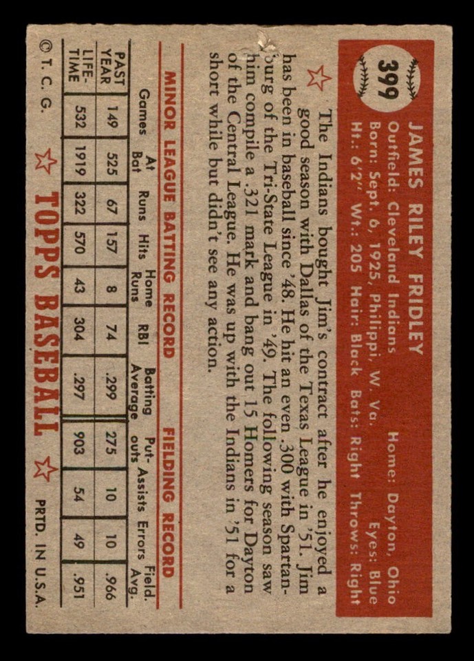 1952 Topps Baseball #399 Jim Fridley PR *h1 | eBay