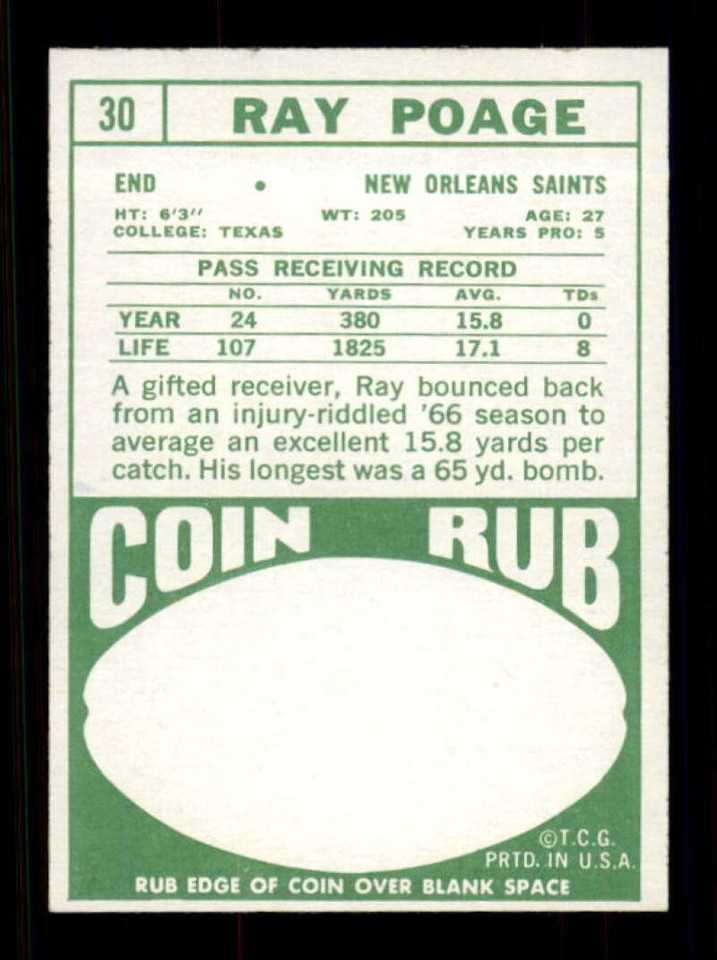 1968 Topps #30 Ray Poage NM/NM+ Saints 563008 | eBay