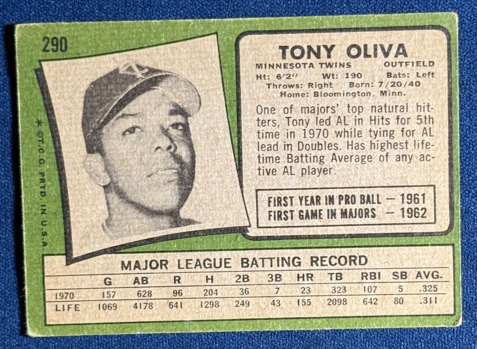 1971 TOPPS #290 TONY OLIVA (MINNESOTA TWINS) BASEBALL CARD | eBay