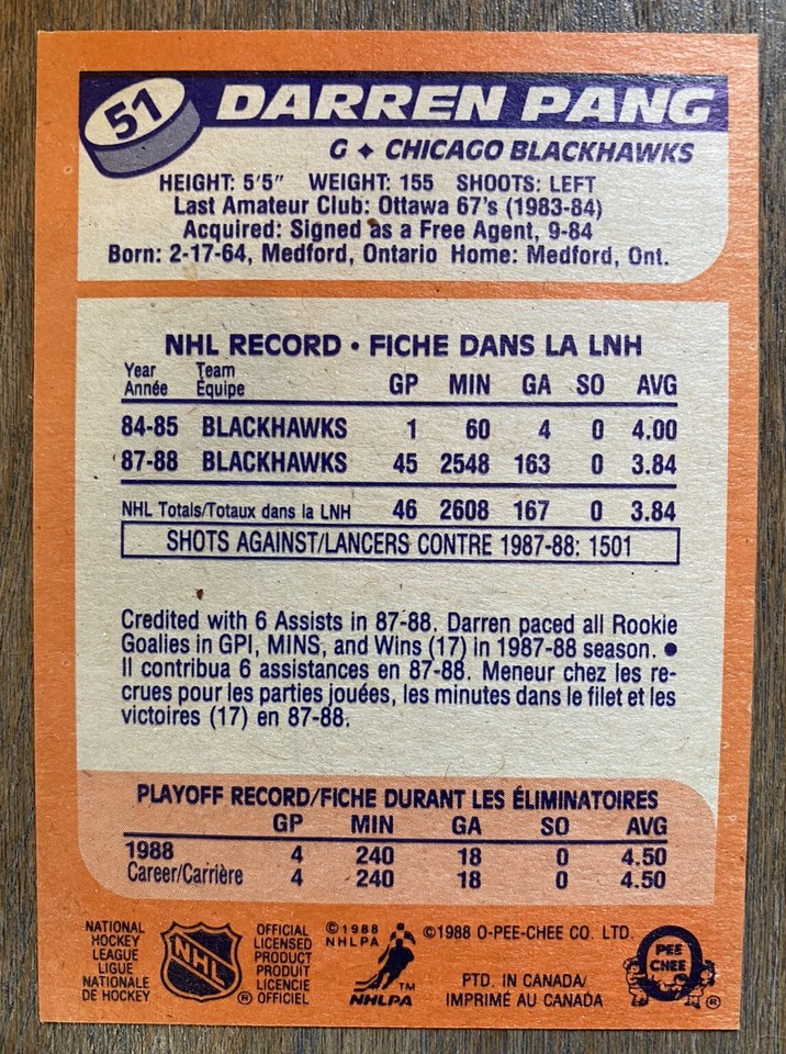 1988-89 O-Pee-Chee Darren Pang Rookie RC #51 - Chicago Blackhawks | eBay