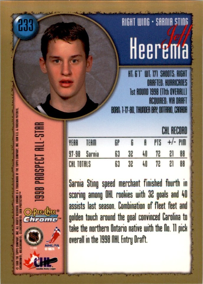 1998-99 O-PEE-CHEE CHROME JEFF HEEREMA SARNIA STING #233 | eBay